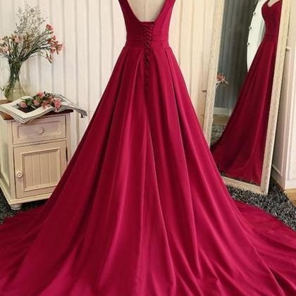 Dark Red V Neck Satin Long Prom Dress, Red Evening Dress on Luulla