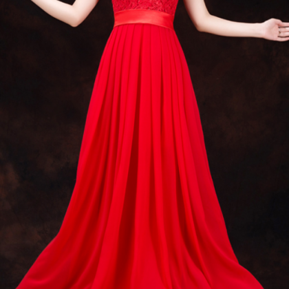 Cap Sleeves Lace Chiffon Red Floor Length Zipper Back Party Dress on Luulla