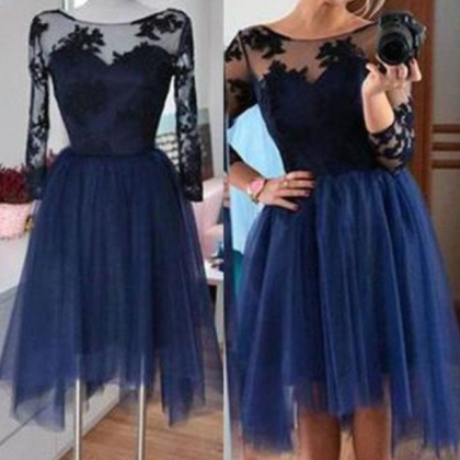 Navy Homecoming Dresses,3/4 Sleeves Short Prom Dresses,simple Party ...