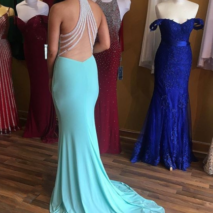 Sexy Open Back Prom Gown,ice Blue Prom Dress,beaded Halter Neckline ...