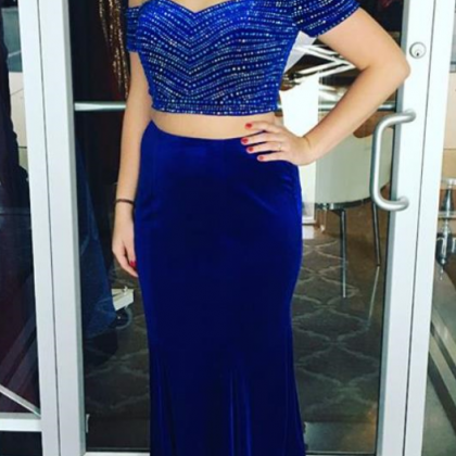 Royal Blue Beading Prom Dresses Two Piece Velvet Pageant Dress on Luulla