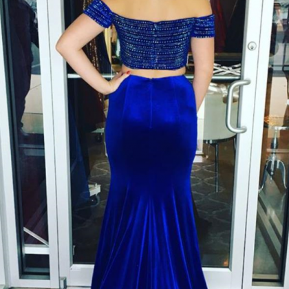 Royal Blue Beading Prom Dresses Two Piece Velvet Pageant Dress on Luulla