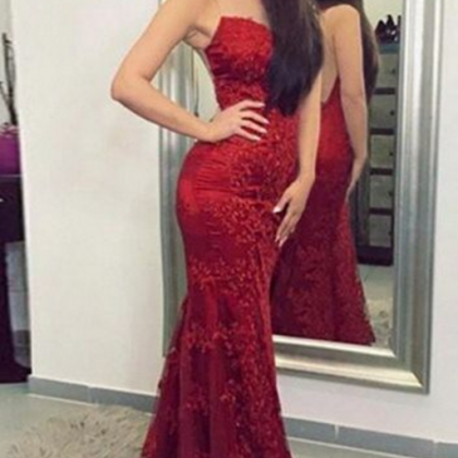 Mermaid Style Prom Dress - Burgundy Illusion Back Long With Appliques ...