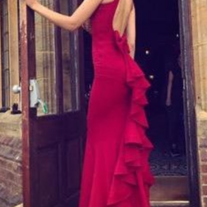 Elegant Backless Mermaid Jersey Ruffles Prom Dress, Popular Prom ...