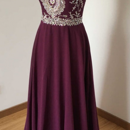 Beaded Grape Chiffon Long Prom Dress on Luulla