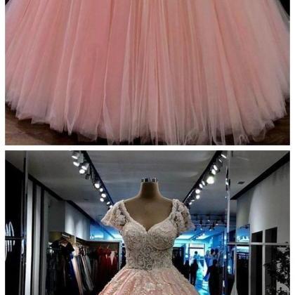 Spark Queen Light Pink Beaded Lace Ball Gown Long Prom Dress V Neck Cap ...