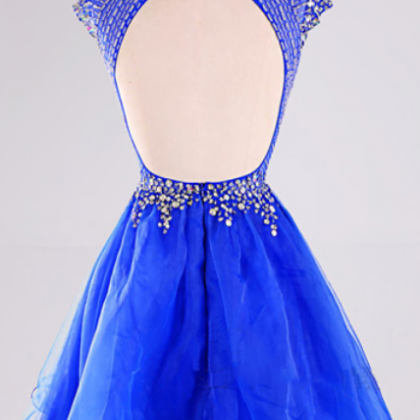Open Back Prom Dresses With A Sexy Keyhole, Royal Blue Cap Sleeve Short ...