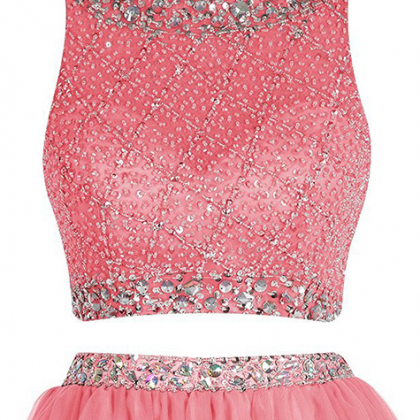 Pink Short Prom Dress, Crystal Beaded Two Piece Prom Dress, Sequined Crop Top Tulle Mini Prom ...