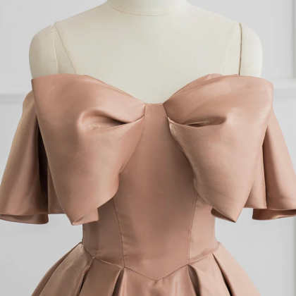 Champagne A-line Off Shoulder Satin Long Prom Dress, Champagne Formal ...