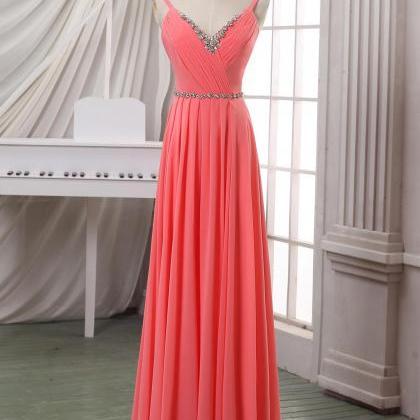 Coral V Neck Long Chiffon Evening Dress/prom Dress/party Dress With ...
