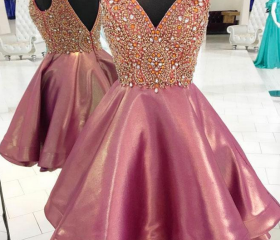 Pink V Neck Beads Homecoming Dresses,short Prom Dress, Pink Homecoming ...