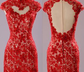 Red High Neck Lace Prom Dresses, Open Back Prom Dress With Cutout ...