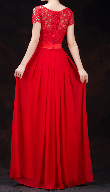Cap Sleeves Lace Chiffon Red Floor Length Zipper Back Party Dress on Luulla