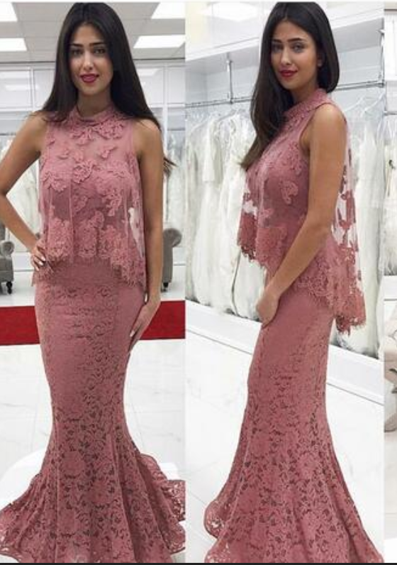 High Neck Lace Applique Formal Evening Dresses Party Gown Custom Made ...