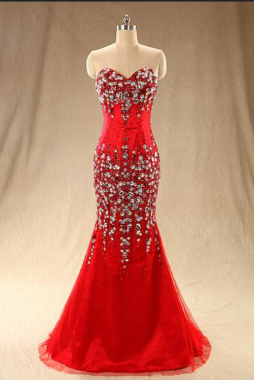 Red Model Beaded Mermaid Dress Fashion Slim Package Hip Dance Party ...
