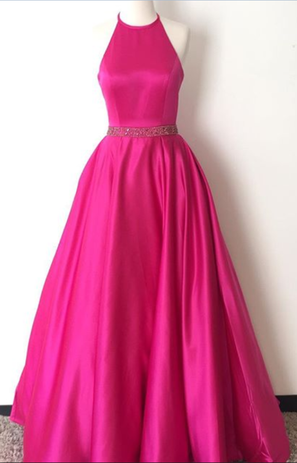 Long Halter Fuchsia Prom Dress With Beaded Waist on Luulla