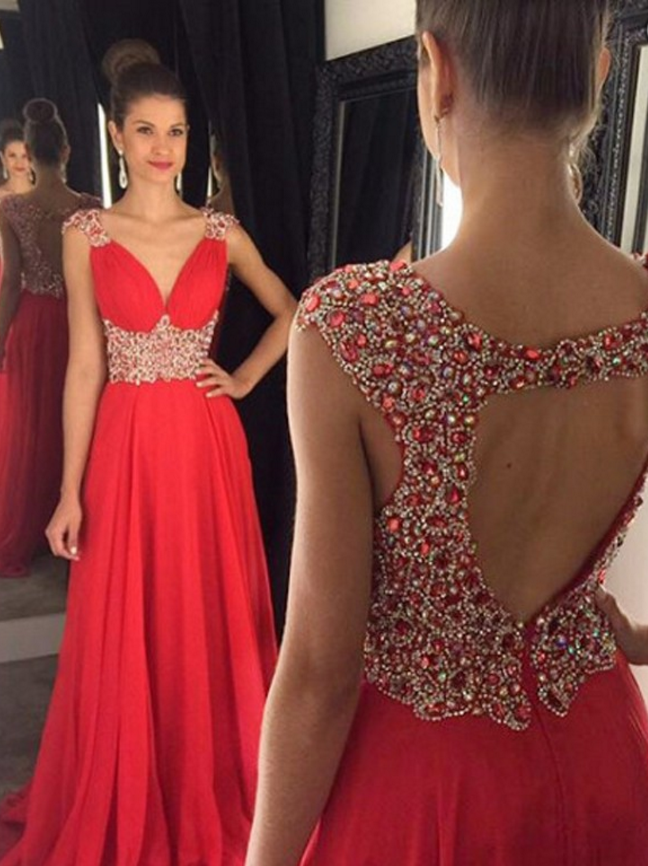 Elegant A-line V-neck Sweep Train Red Prom Dress/evening Dress With ...