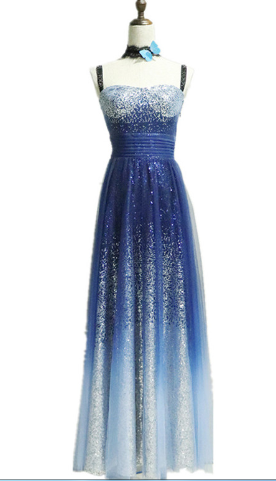 Blue Sequins Straps Gradient Long Prom Dresses,sparkle Formal Dresses ...