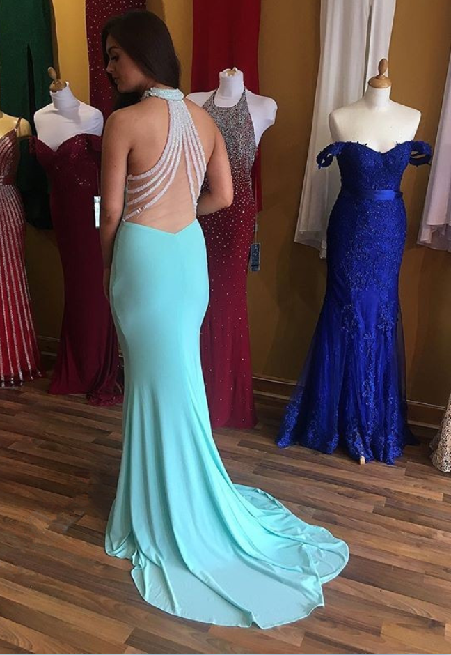 Sexy Open Back Prom Gownice Blue Prom Dressbeaded Halter Neckline Formal Dress On Luulla