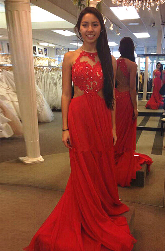 Red Lace And Applique Long Chiffon Prom Dress Beading Bodice Gown With ...