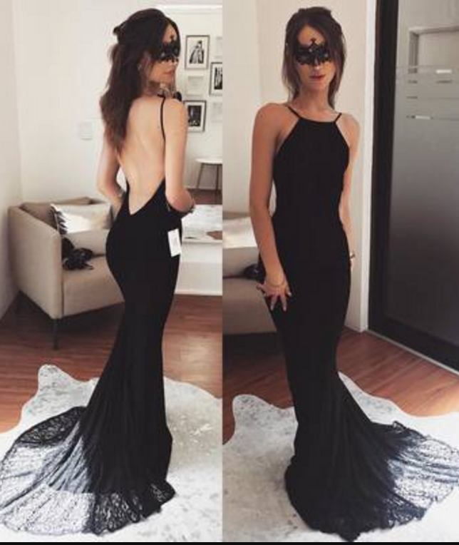 Charming Prom Dress, Black Backless Mermaid Prom Dresses, Long Evening ...