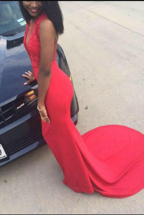 Red V-neckline Lace Applique Mermaid Formal Gowns, Red Party Dresses ...