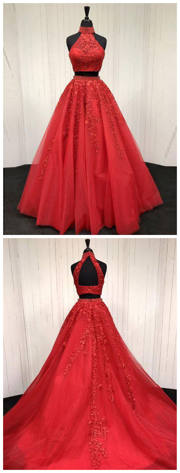 Lace Appliqued Two Piece Long Red Prom/pageant Dresses on Luulla