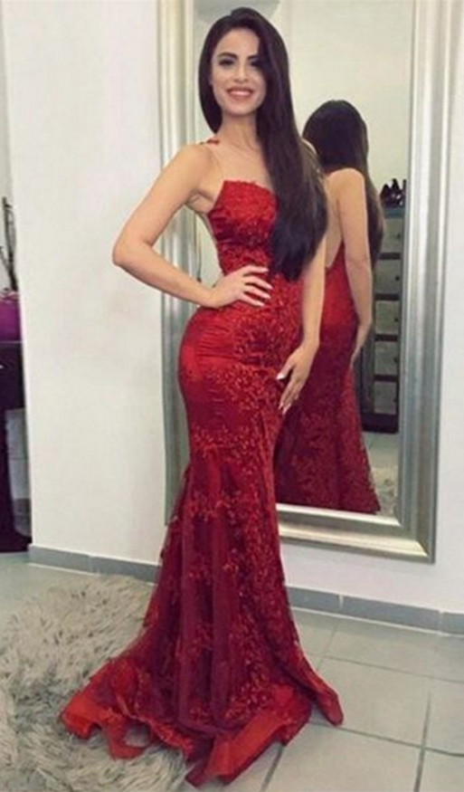 Mermaid Style Prom Dress - Burgundy Illusion Back Long With Appliques ...