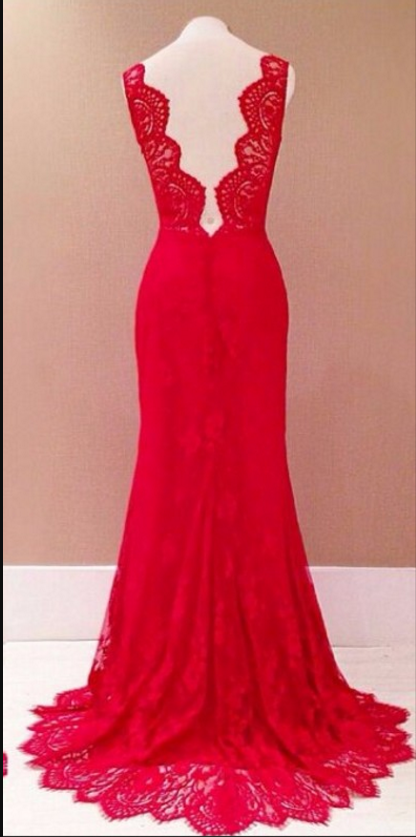 Real Photos Red Lace Prom Dresses Long Floor Length Evening Gowns Women ...