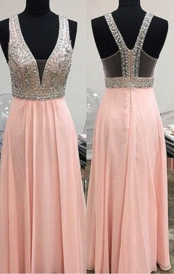 Charming Pink Chiffon ,backless Prom Dresses ,v Neck Silver Beaded ...