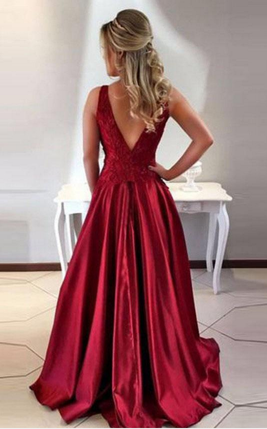 A-line Round Neck V-back Maroon Satin Prom Dresses With Lace on Luulla