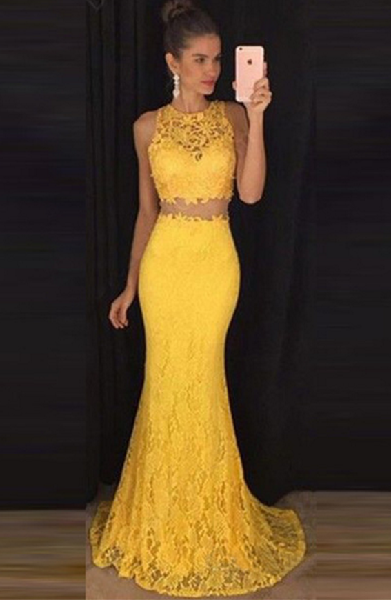 Two Pieces Yellow Lace Evening Prom Dresses, Long Prom Dress, Custom ...