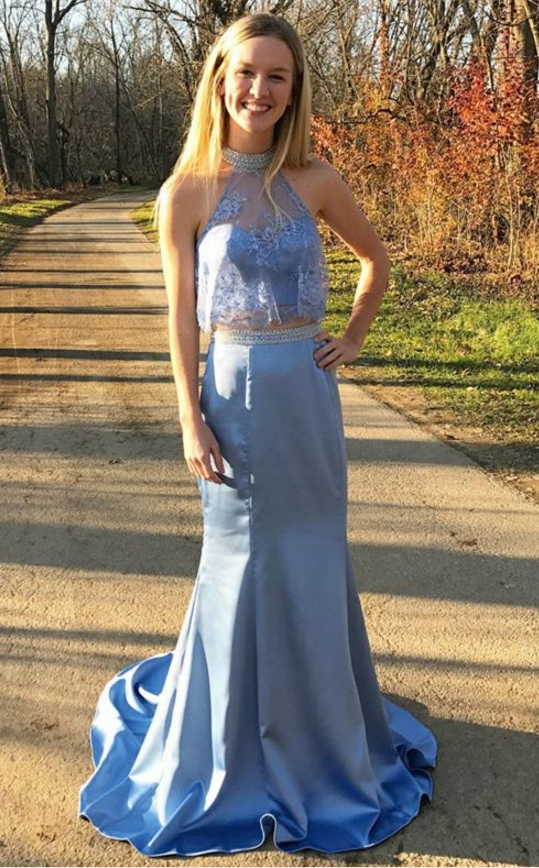 Charming Prom Dress,satin Prom Dresses,two Pieces Prom Dresses,halter ...
