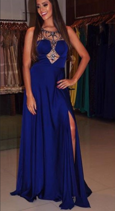 Blue Gorgeous Crystal High Slit Prom Dresses on Luulla