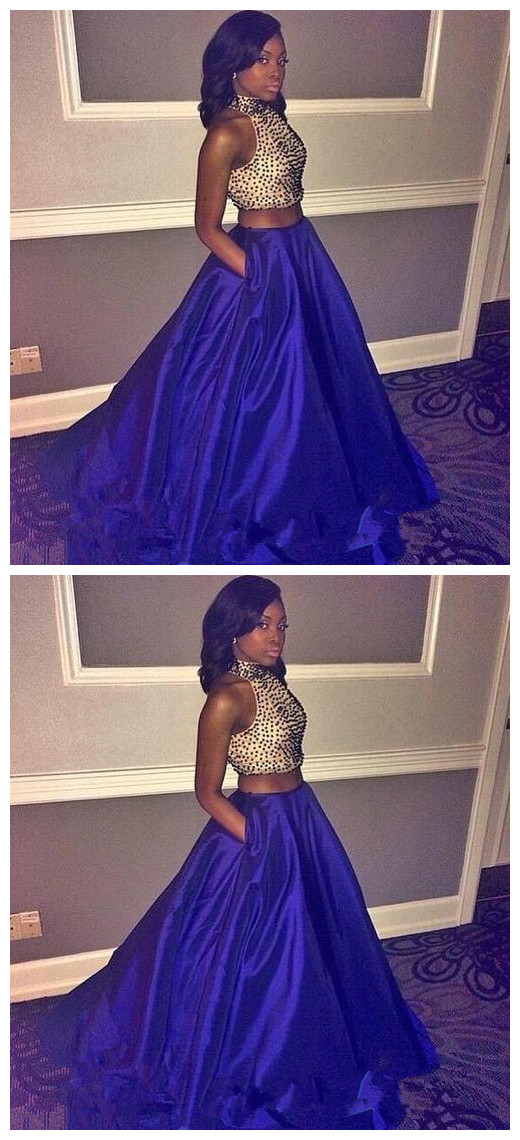 Royal Blue Prom Dresses 2 Piece Prom Gown Two Piece Prom Dresses Satin ...