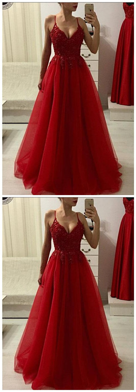Red V Neck Lace Tulle Long Prom Dress, Red Evening Dress on Luulla