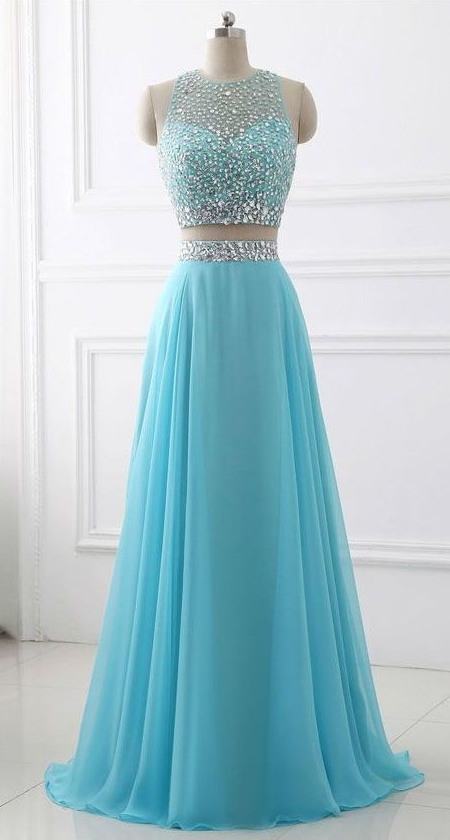 Simple Charming Blue Two Piece Chiffon Beaded Sparkle Long Prom Dress ...