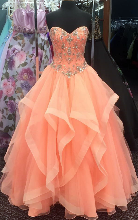 Orange Prom Dress, Beaded Prom Dress, Quinceanera Dresses, Elegant Prom ...