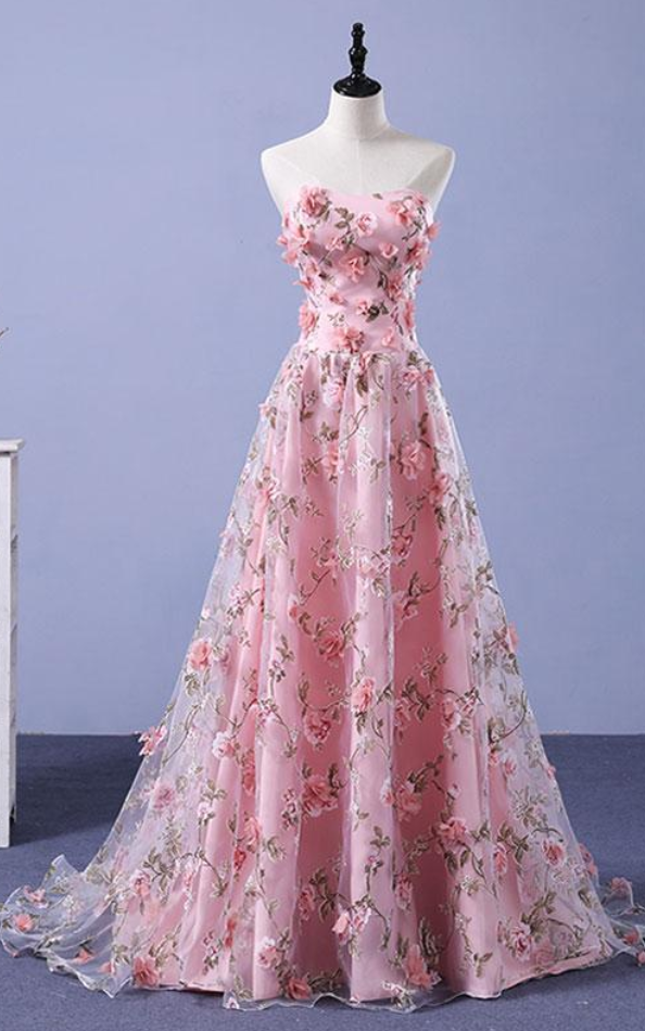 Pink Floral Lace Long A-line Prom Dress, Lace-up Party Dress on Luulla