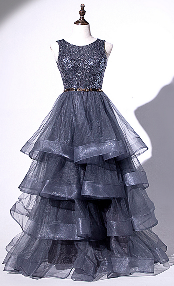 Deep Gray Sequins Tulle V Neck Long Layered Prom Dress, Evening Dress ...