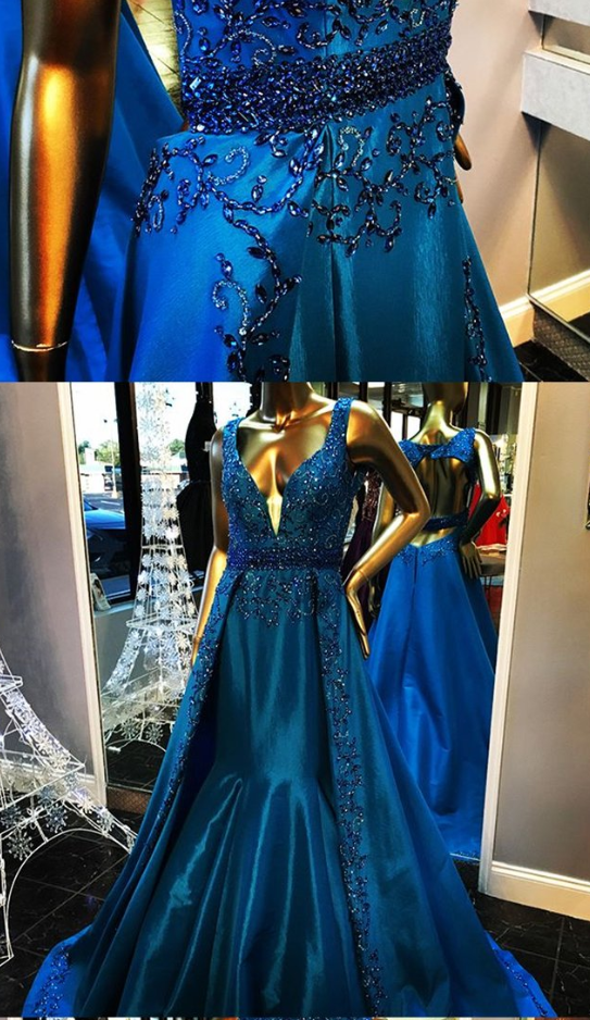 Gorgeous Royal Blue Beading Rhinestone Ball Gown Backless Formal ...