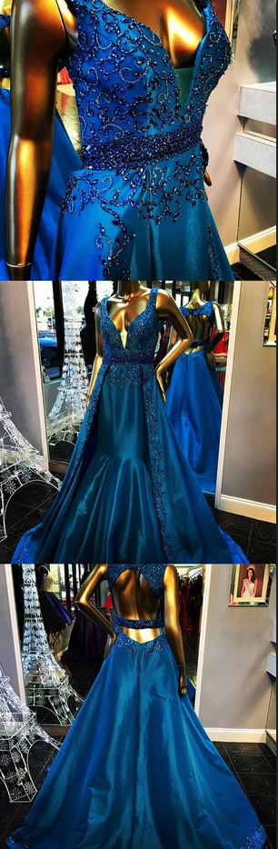 Gorgeous Royal Blue Beading Rhinestone Ball Gown Backless Formal ...