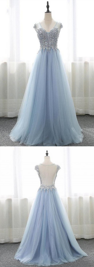 Blue V Neck Cap Sleeves Beaded Prom Dresses,tulle Graduation Dresses ...