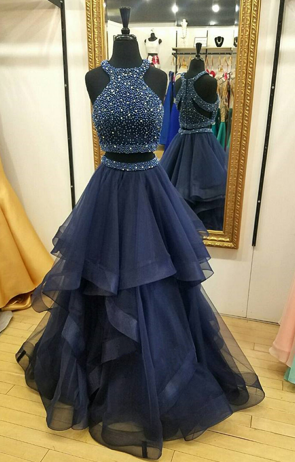 Charming Navy Blue Prom Dress,two Piece Prom Dresses,ball Gown Prom ...
