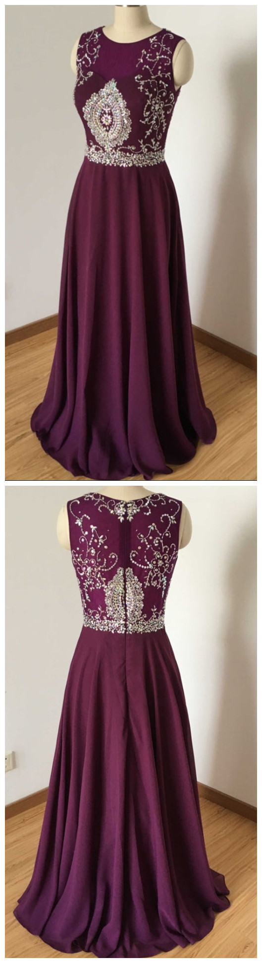 Beaded Grape Chiffon Long Prom Dress on Luulla