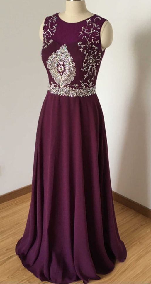 Beaded Grape Chiffon Long Prom Dress on Luulla