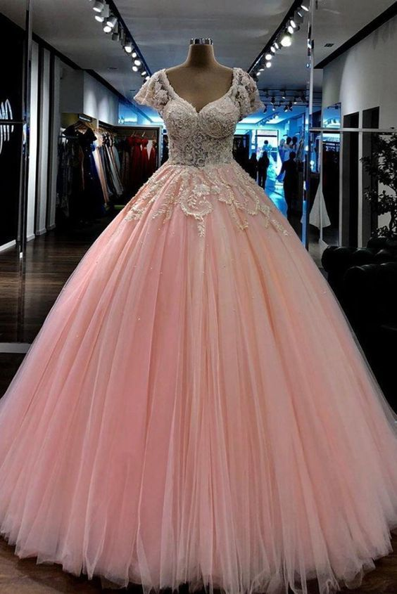 Spark Queen Light Pink Beaded Lace Ball Gown Long Prom Dress V Neck Cap ...
