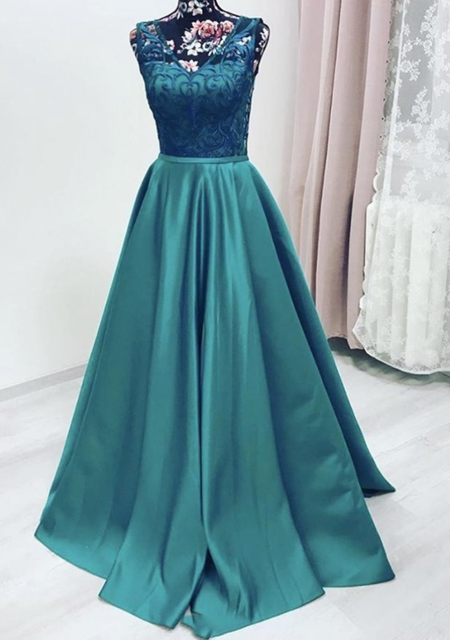 Elegant V Neck Green Lace Long Prom Dress, Green Lace Formal Graduation ...