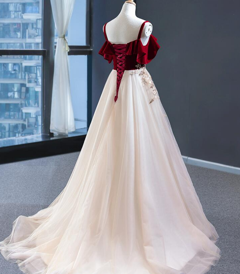 Gorgeous Velvet With Ivory Tulle Straps Long Party Dress, Wedding Party ...