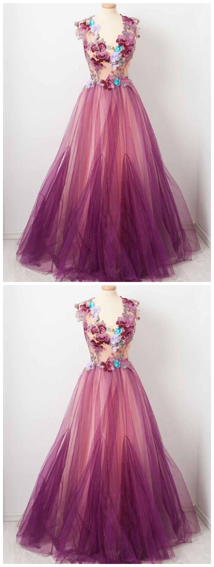 Chic A-line V Neck Fuchsia Prom Dress With Floral Prom Dresses Long ...